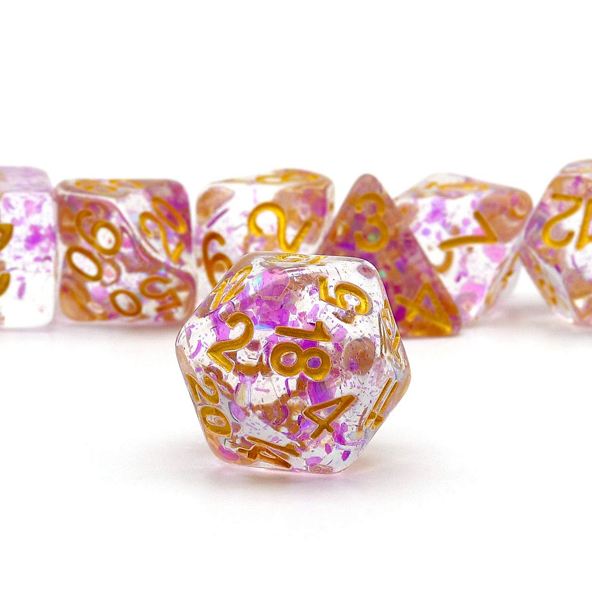 Haxtec DND Dice Set Purple 7PCS Polyhedral D&D Dice RPG Dungeons and Dragons-Purple Green Shift Glitter Flakes-Fantasy Dream