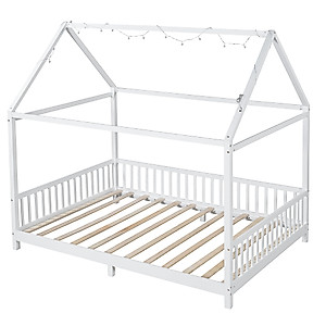 SOFTSEA Wood Montessori Bed Frame with High Fence Full Size House Bed Low Bed Frame with LED Lights for Kids