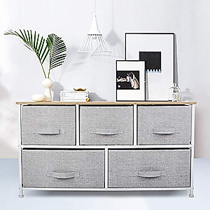 Wide Drawer Dresser Storage Organizer - CERBIOR 5-Drawer Closet Shelves, Sturdy Steel Frame Wood Top with Easy Pull Fabric Bins for Clothing, Blankets- Grey