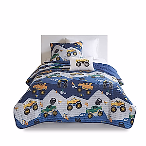 Mi Zone Kids Nash Reversible Quilt Set, Vibrant Fun Design, Lightweight All Season Children Bedding, Coverlet Bedspread, Boys Bedroom Décor, Full/Queen, Big Wheel Monster Trucks 4 Piece