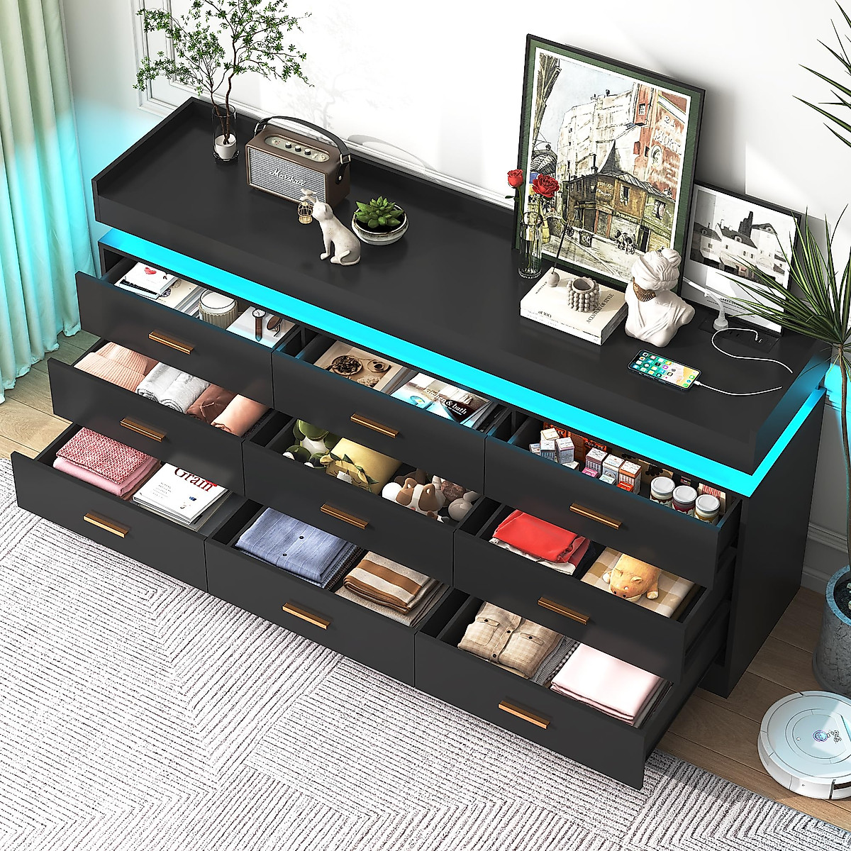 jiteentarou 9 Drawer Dresser with Charging Station and LED Lights, Modern Chest of Drawers with Power Outlet, Organizer Cabinet for Bedroom, Living Room, Entryway, Black
