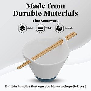 American Atelier Ramen Bowl with Chopsticks | Miso Soup, Udon Noodle Bowls for Kitchen | Stoneware Soup Bowl (25 Oz) | White & Blue with Built-in Handles/Chopstick Rest