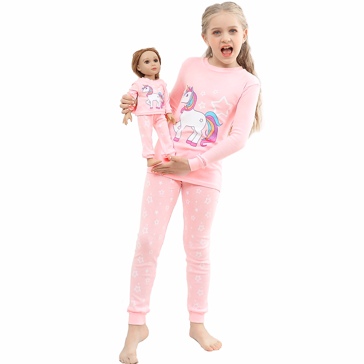 Babyroom Girls Matching Doll&toddler 4 Piece Cotton Pajamas Toddler Unicorn Sleepwear size 7 Pink
