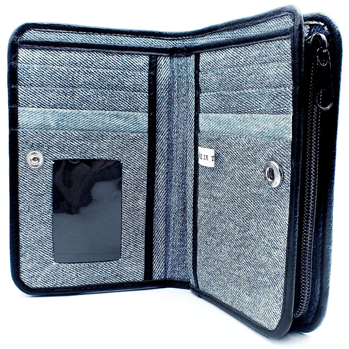 Bijoux de Ja Upcycling Blue Denim Bifold Money Zip Coin Card Holder Organizer Compact Wallet for Women