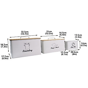 Gdfjiy 3-in-1 Set for Laundry Room Organization, Laundry Powder Container Dryer Sheet Holder & Lint Bin, Dryer Sheet Dispenser Metal Laundry Pods Holder Airtight Lid, Laundry Room Decor - White