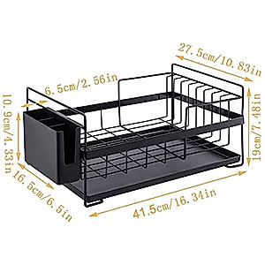 SUNFICON Dish Drainer Dish Drying Rack Kitchen Countertop Dishes Draining Holder Organizer with Drip Tray Cutlery Utensil Holder Heavy Duty Metal RV Studio Small Apartment 18.5x10.83x7.48in,Black