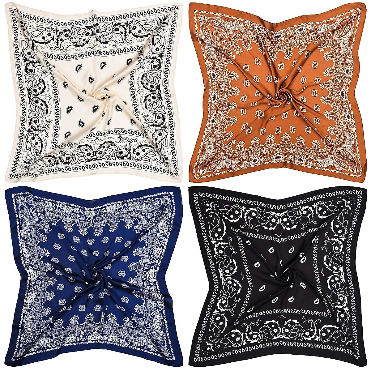 Syhood 4 Pcs 27'' Square Satin Head Scarves Satin Bandanas for Women Satin Headband Scarves Silk Feeling Scarf Boho Headwear(Navy Blue, Coffee, Black Beige)