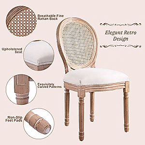 Recaceik French Country Dining Chair Set of 2, Farmhouse Dining Room Chairs with Rattan Round Back & Rubber Wood Legs Finish, Upholstered Kitchen Chairs for Dining Room/Living Room/Restaurant, Beige