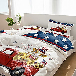 Twin 3 Pieces Duvet Cover Sets 4th of July Sunflower Cow on Red Truck Bedding Set,Microfiber Ultra Soft Bed Sheet with Pillow Shams,Luxury Quilt Covers for Bedroom Decor Freedom Star on Blue Red