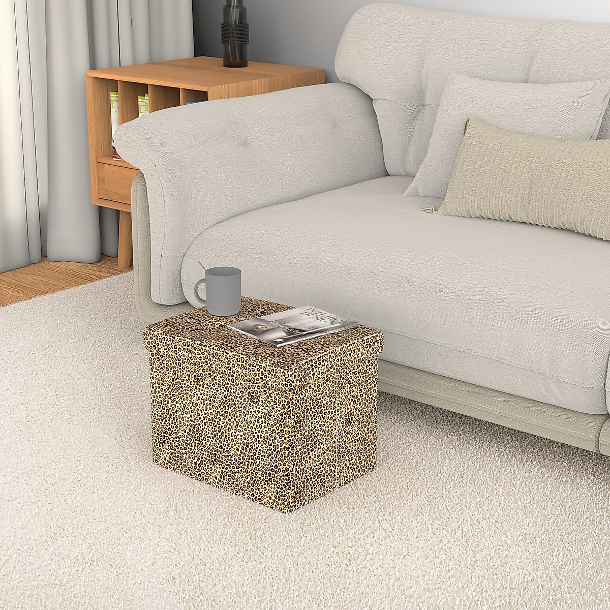 eMOUSE Storage Ottoman Bench Foldable Footrest Stool Seat for Bedroom and Living Room Small Bench Foot Stool Rectangle Cube Leopard L17W13H13IN…