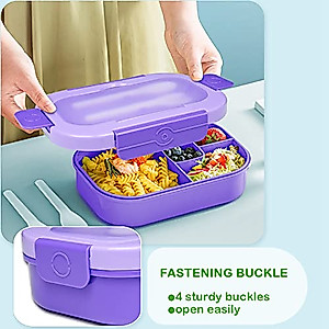 HONZUEN Bento Lunch Box, 4-Compartment Lunch Salad Container, Lunch Box Kit with Spoon and Fork, Microwave Safe Meal Prep Containers for Sandwich, Pasta, Fruit, Travel (Purple)