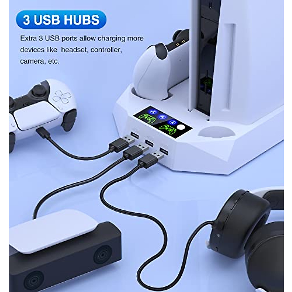 PS5 Stand with Cooling Station PS5 Controller Charging Station for Playstation 5 PS5 Console Disc/Digital Edition, PS5 Accessories-Cooler Fan/Remote Charger/Media&Headset Holder/3-USB Hub/Screw White