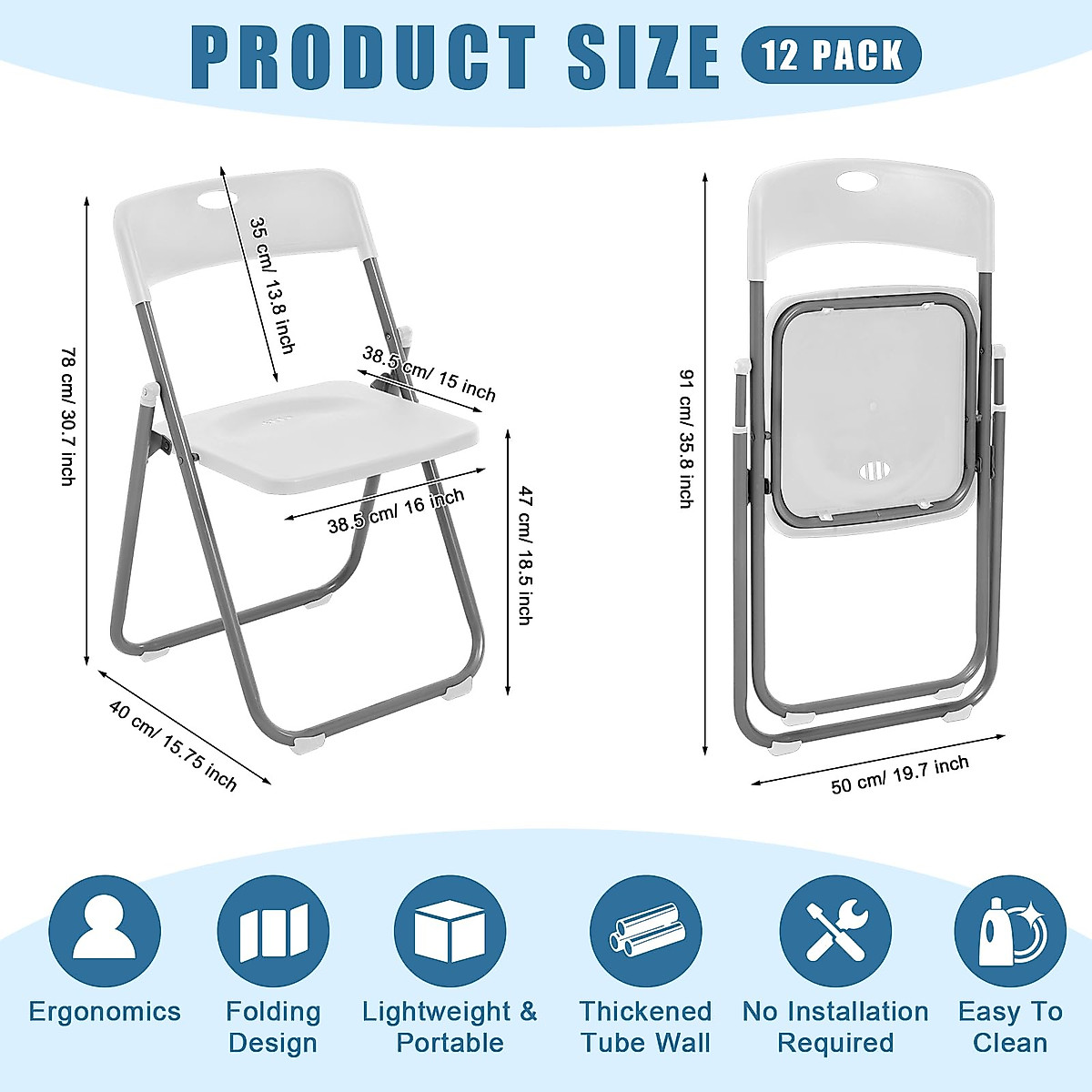 Kigley 12 Pack Folding Plastic Chair with 330lb Capacity Stackable Folding Chair Portable Metal Foldable Chair Fold up Event Chairs for Wedding Party Office Dining Supplies Indoor Outdoor (White)