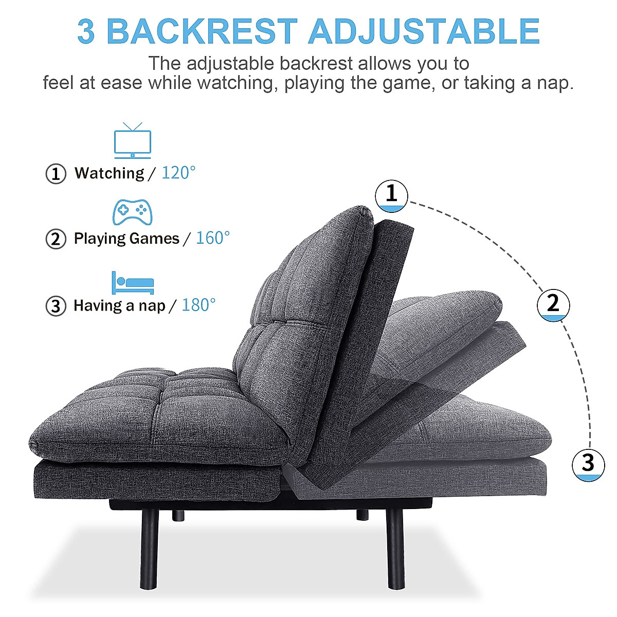 Opoiar Bed, Memory Foam Futon Couch, Modern Adjustable Armrests Backrests Folding Love seat for Small Spaces, Convertible Sofa Daybed Linen Sofabed, Twin, Sofa-01