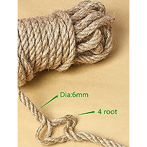 Nature Hemp Rope,1/4inch Heavy Duty Jute Twine for Cat Tree and Tower, DIY Scratcher Scratching Post Replacement, Pad, Crafts Gardening Hammock Home Decorating(66FT)