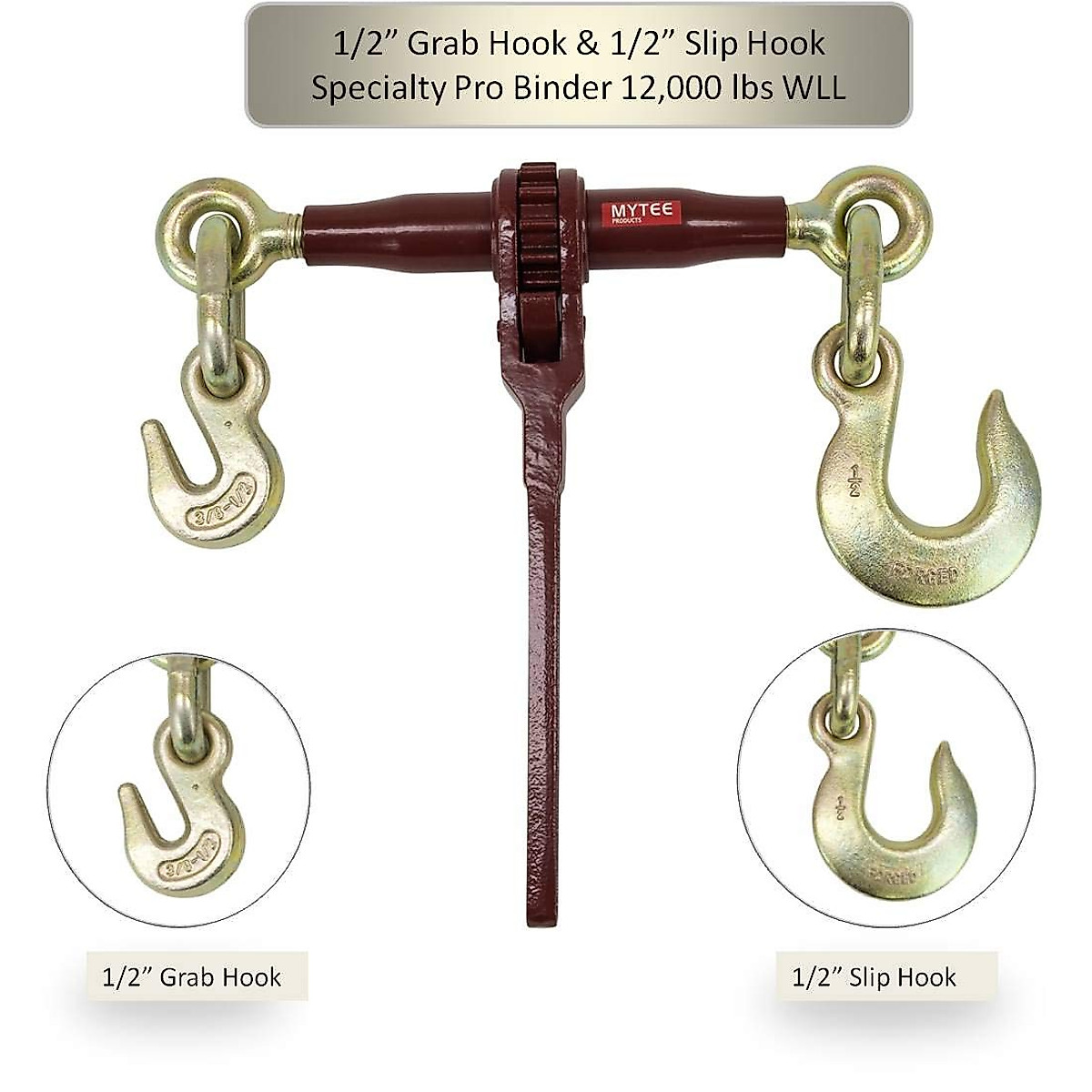 Mytee Products Heavy Duty Specialty Pro Ratchet Load Chain Binder w/ 1/2" Grab Hook on One Side & 1/2" Slip Hook Other Side, 12,000 Lbs Load Limit | Chain Binders for Flatbed Truck Trailer - 4 Pack