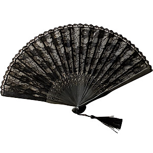RAN 8.7" Lace Floral Folding Hand Fans - Womens Handmade Black Imitated Silk Fabric Lace Hand Fan, Bamboo Folded Fans (Color : Black, Size : 8.7")