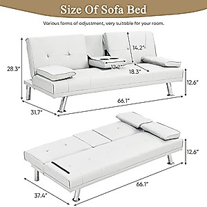 Antetek Futon Sofa Bed, Modern Convertible Upholstered Faux Leather Loveseat Sleeper Sofa Couch w/5 Adjustable Positions, Cup Holder for Living Room, Bedroom, Studio, Office, White