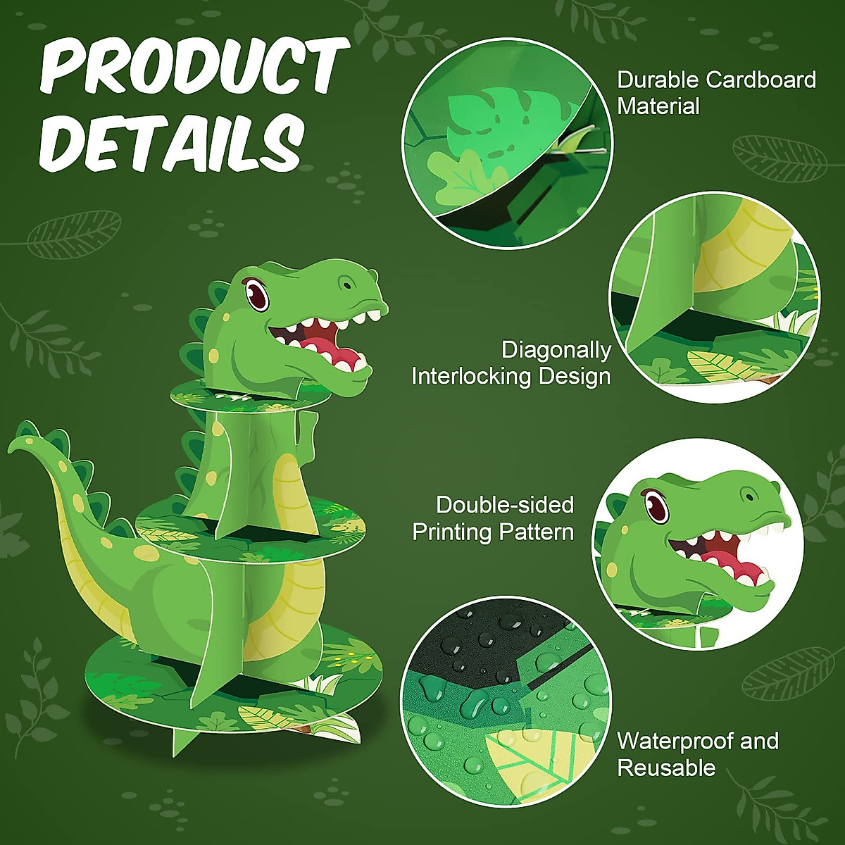 Censen 3 Tier Dinosaur Cupcake Stand Party Decorations Dinosaur Theme Cupcake Holder Decorations Dinosaur Dessert Tower for Kids Dinosaur Jungle Theme Party Birthday Supplies (Lovely)