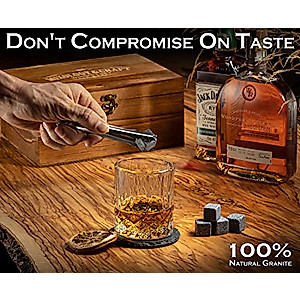 Mixology Whiskey Stones Gift Set for Men - Pack of 2, 10 oz Whiskey Glasses w/ 8 Granite Chilling Rocks, 2 Coasters, Metal Tong & Cocktail Card in Wooden Box - Diamond