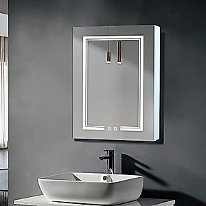FCH 20 Inch Bathroom Wall Cabinet with Dimmable LED Mirror, Anti-Fog LED Lighted Mirror Medicine Cabinet Over The Toilet Storage with 2 Outlets 2 USB Ports Inside and Outside Mirror Single Door