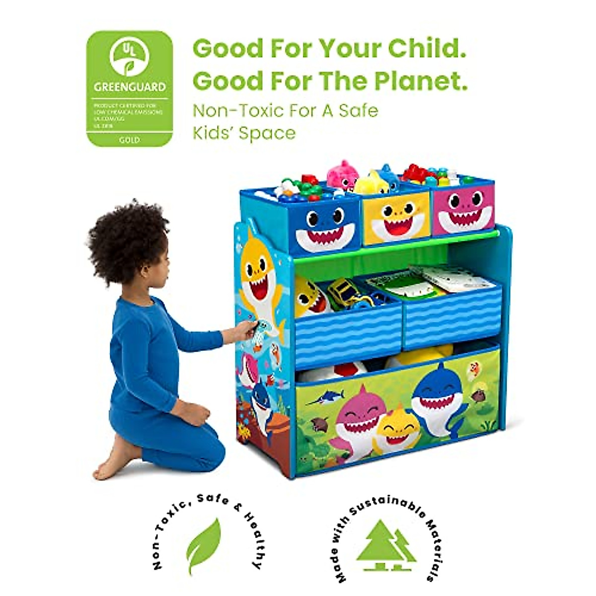 Delta Children Chair Desk with Storage Bin + Design and Store 6 Bin Toy Storage Organizer, Baby Shark (Bundle)