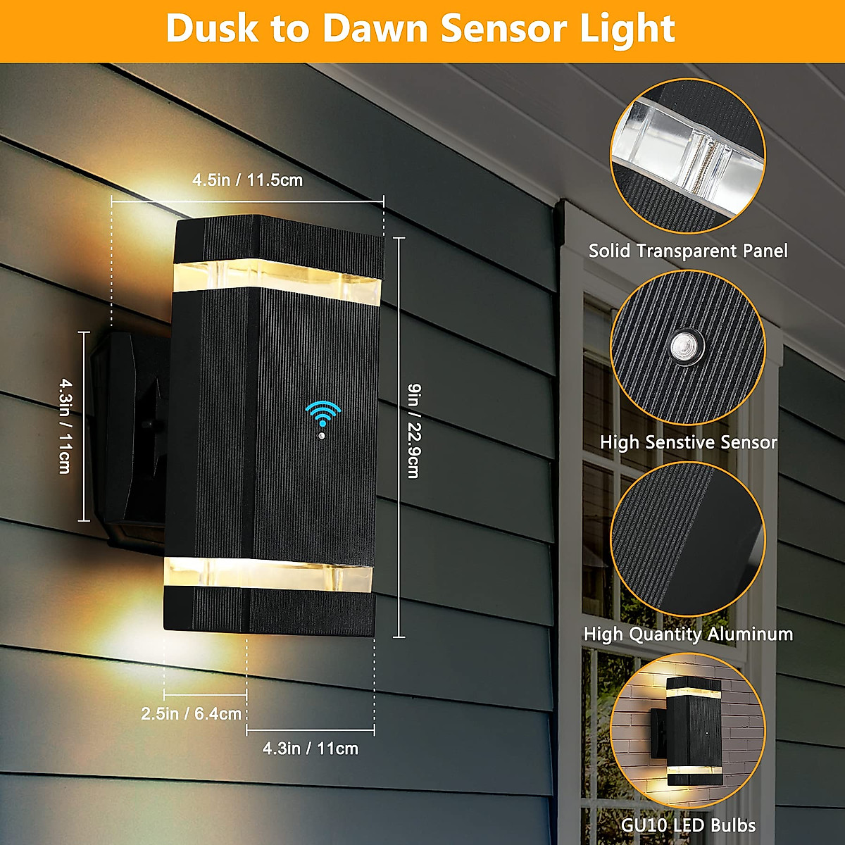 tewei Dusk to Dawn Sensor Outdoor Wall Lights Up Down Porch Lights 2 Pack,14W IP65 3000K 1100LM Warm White,Square Aluminum Exterior Wall Mount Modern Wall Lights for Front Patio Garage Black