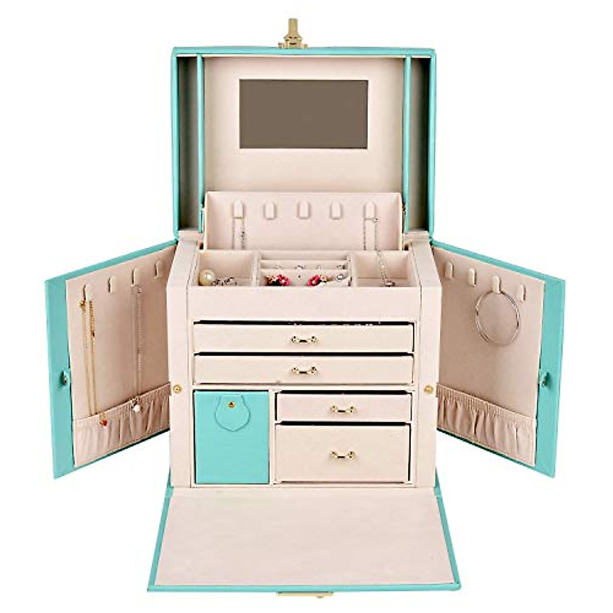 SANSREPONSE Jewelry Box Large Organizer Faux-Leather with Mirror Drawers Lock Gift for Women (TF Blue-L)