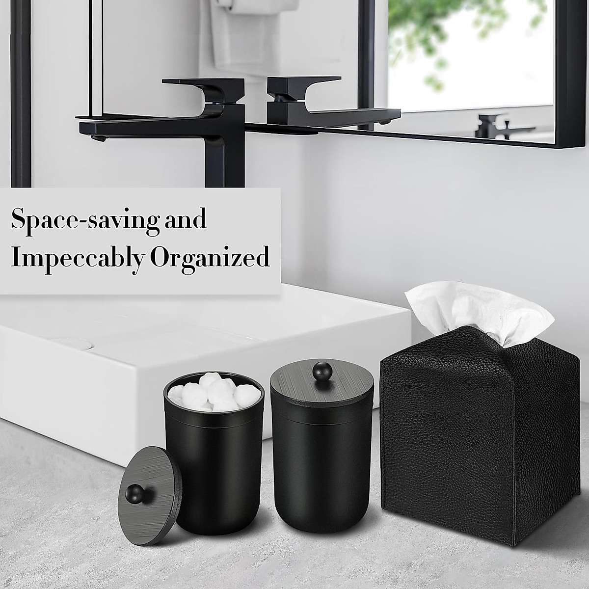 GMITING Black Bathroom Accessories Set, 10 Pcs Bathroom Accessory Set with Trash Can, Soap Dispenser and Toothbrush Holder, Soap Dish, Cotton Ball & Qtip Holder, Toilet Brush Holder, Tissue Box Cover