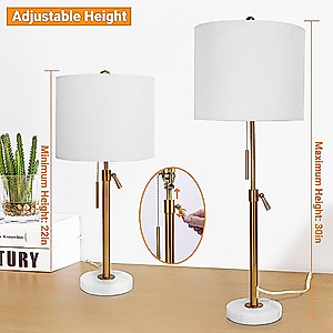 Lamp Modern Set of 2: 22" to 30" Height Adjustable Pull Chain Switch for Living Room Bedroom End Table, Marble Base White Linen Shade Golden Pole Nightstand Lamp Brass for Office, Bedside Table