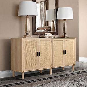 Finnhomy 4 Door Sideboard Buffet Cabinet, Kitchen Storage Cabinet with Rattan Decorated Doors, Cupboard Console Table, Boho Accent Liquor Cabinet for Home Bar, 62.3X 15.7X 34.6 Inches, Natural