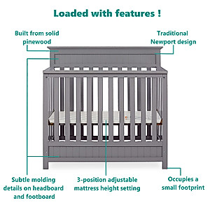 Dream On Me Harbor 4-in-1 Convertible Mini Crib in Storm Grey, Greenguard Gold Certified