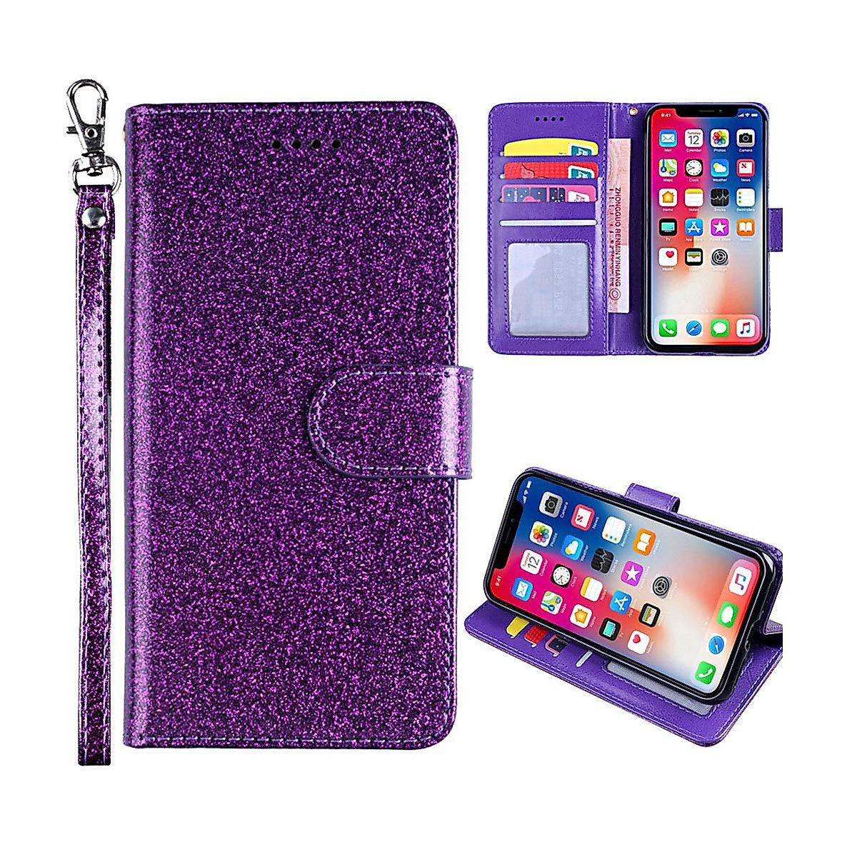 FZZSZS Case for Tecno Spark 7 Pro (6.6") + 2 Pack Screen Protector Film Tempered Glass, Magnetic PU Wallet Flip Protective Cover with Card Slots Shell Case, Purple Leather Case