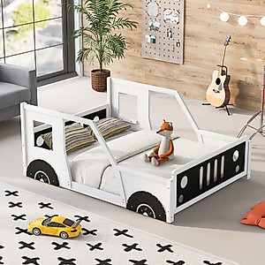 Bellemave Full Size Kids Bed, Full Car Bed, Classic Car-Shaped Platform Bed with Wheels, Wood Full Montessori Floor Bed Frame for Kids Boy Girls, Lightning McQueen Bed (White+Black)