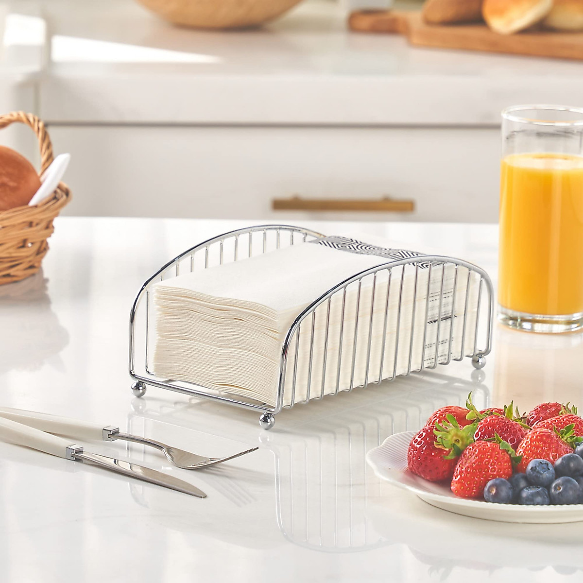 LEVIMETREE Guest Towel Silver Napkin Holder - Versatile and Modern Bathroom Napkins Guest Disposable, Premium Paper Hand Towels Kitchen Caddy, Cast Iron Silver Napkin Holder for Table and Bathroom