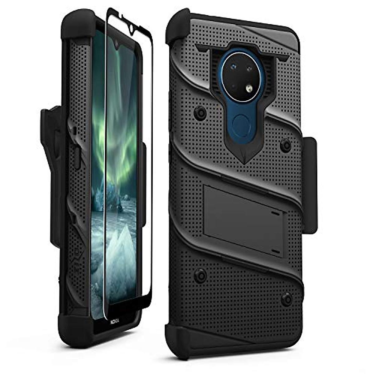 ZIZO Bolt Series for Nokia C5 Endi Case with Screen Protector Kickstand Holster Lanyard - Black & Black
