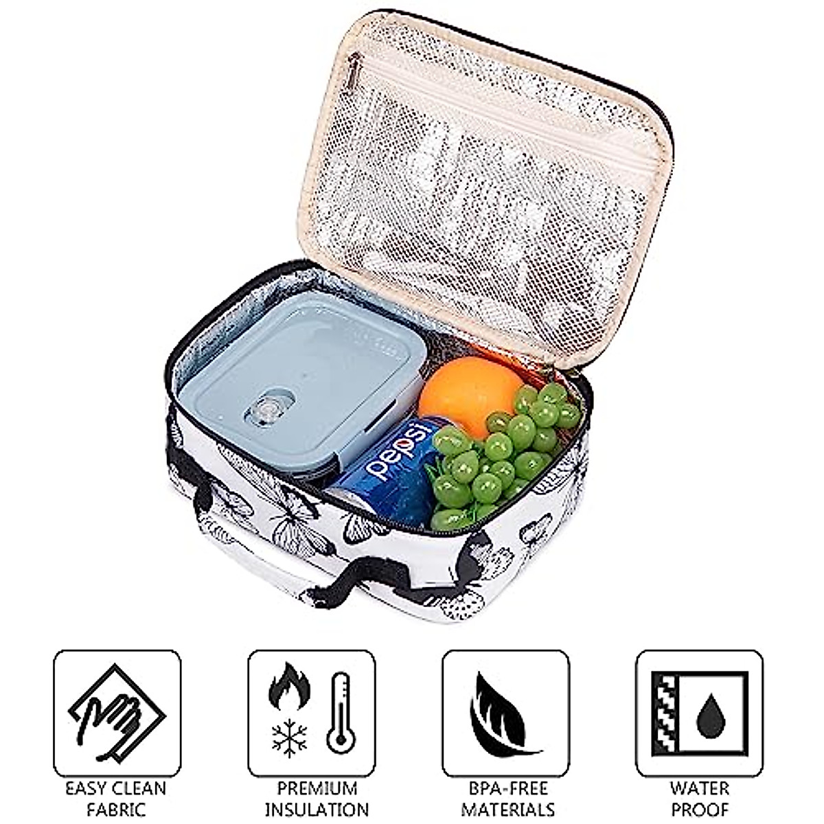 LEDAOU Lunch Bag Kids Insulated Lunch Box Girls Insulated Reusable Lunch Bag for School Picnic Hiking Work (Butterflies White)