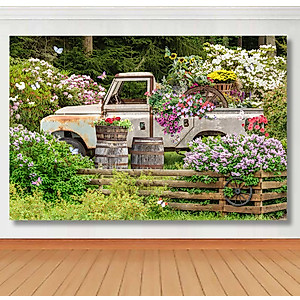 Lofaris Spring Truck Flower Backdrop Natural Garden Countryside Scenery Photography Background Child Kid Birthday Party Decor Portrait Photo Studio Props 9x6ft