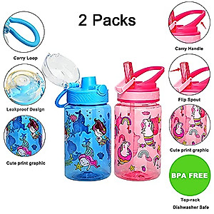 Home Tune 16oz Kids Water Drinking Bottle - Tritan BPA Free, Auto Flip Chug Lid, Sip Straw Lid, Carry Loop, Lightweight, Leak-Proof, Cute Design For Girls & Boys - 2 Pack Panda & Airplane