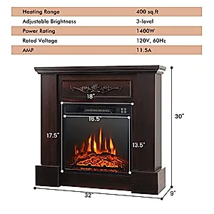 GOFLAME 32” Electric Fireplace with Mantel, Freestanding Electric Fireplace Heater with Adjustable Thermostat & Flame, Remote Control, Overheat Protection, Wooden Surround Fireplace, 1400W, Brown