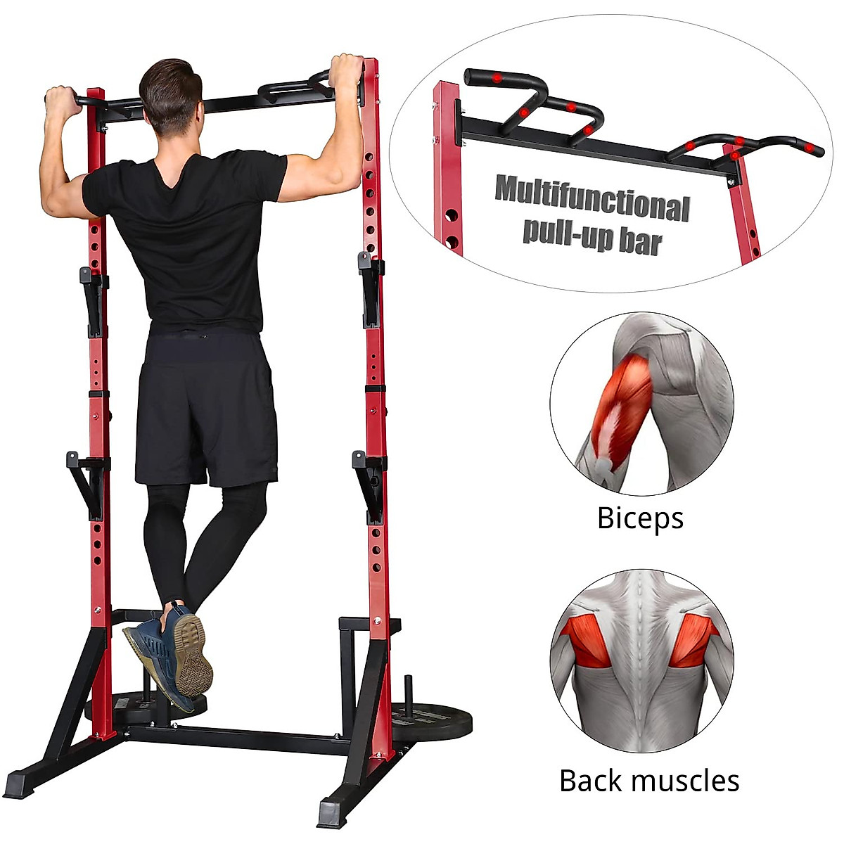CANPA Multifunction Power Rack with Pull up Bar, Heavy Capacity and Adjustable Squat Stand Rack for Home Gym Equipment, Power Rack Cage (Red)