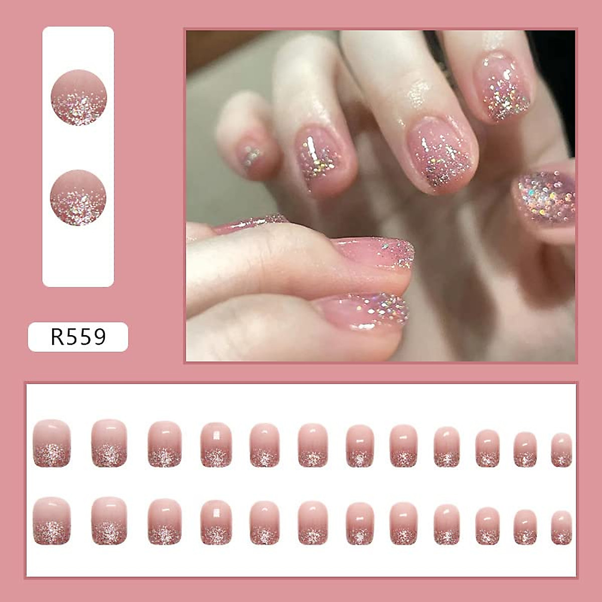 Pink Press on Nails Square, Short Fake Nails with Glitter Pattern,Glue on nails for Women Girls DIY Nail Manicure, Includes Prep Pad, Mini File, Cuticle Stick, Glue, Jelly Glue and 24 False Nails