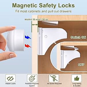 Child Safety Magnetic Cabinet Locks, AOSITE 12 Pack+3 Keys Baby Proofing Magnetic Drawer Locks for Kitchen with Adhesive No Drilling or Screws Fixed, 4 Baby Safety Cabinet Locks for Knobs