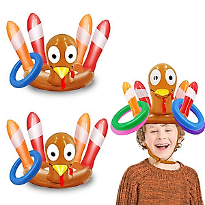 2 Pack Thanksgiving Ring Toss Games Toys for Kids Thanksgiving Inflatable Turkey Hats Toss Games Thanksgiving Family School Party Favors Decor Indoor Outdoor Party Game(2 Turkey Hats, 8 Rings)