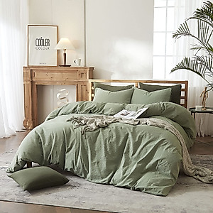 Sage Green Duvet Cover Sets King 100% Washed Cotton Men Women Bedding Set Simple Japanese Style 3 Piece with Pillow Shams, King Size