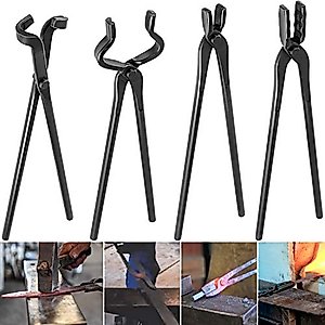 Knife Making Tongs Set Blacksmith Bladesmith Knife Tong Anvil Vise Forge Includes V-Bit Tongs Wolf Jaw Tongs Flat Tongs Blade Tongs (4 Tongs)