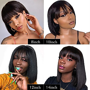 WENYAN Short Bob Wig Human Hair with Bangs 8 Inch None Lace Front Wigs for Black Women Brazilian Virgin Straight Hair 150% Density Machine Made Bob Wigs Natural Color