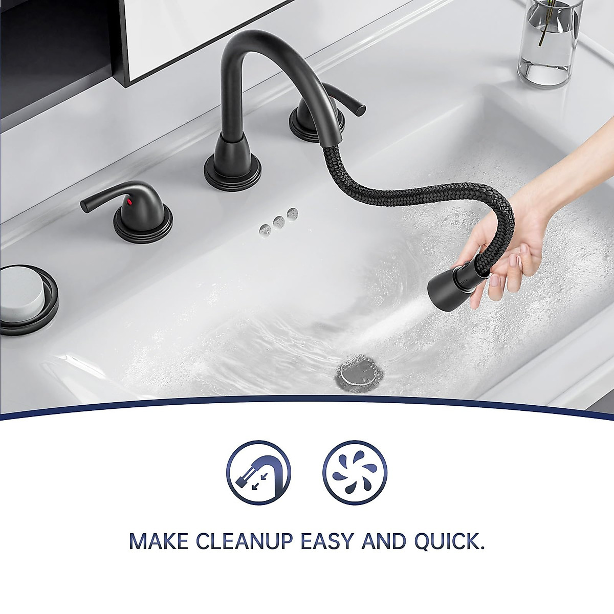 Phiestina Pull Down Sprayer Matte Black 8 Inch 3 Hole Bathroom Sink Faucet, 2 Handles Widespread Pull Out Bathroom Faucet, with Pop Up Drain and Water Supply Line,BF04008-B11-MB