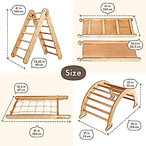 5 in 1 Indoor Play Equipment for Kids, Montessori Climbing Triangle + Wooden Arch + Slide Board + Playground Net Promotes Balance and Motor Skills, Waldorf Climbing Toys Aged 6 Months to 7 Years