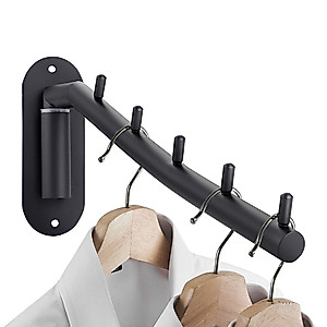 Sumnacon 2 Pcs Stainless Steel Clothes Hanger Rack-Wall Mount Garment Hook with Swing Arm, Sturdy Coat Robe Storage Organizer for Laundry Room Bedrooms Clothing Drying Rack with 5 Hooks, Black